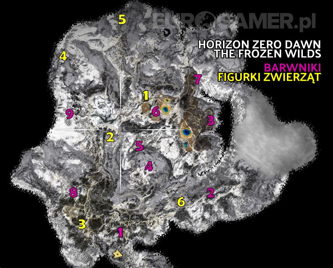 HZD: The Frozen Wilds - mapa: barwniki, figurki, niebieskierki ...