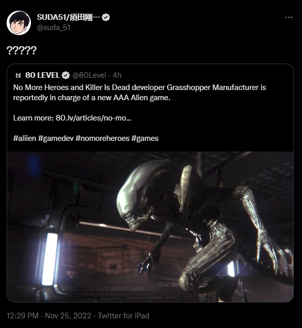 Suda51 cans rumour he's working on an Alien game without saying a word ...
