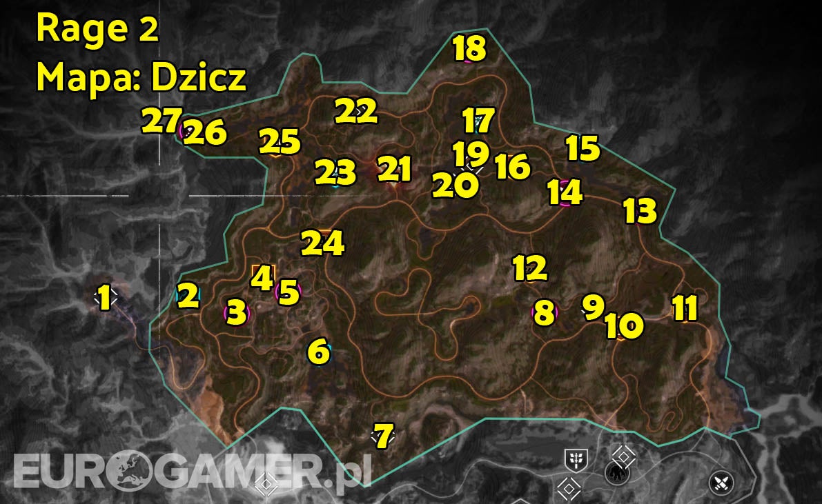 Rage 2 - Mapa: Dzicz (blokady, kryjówki, gniazda miażdżycieli, wieże ...