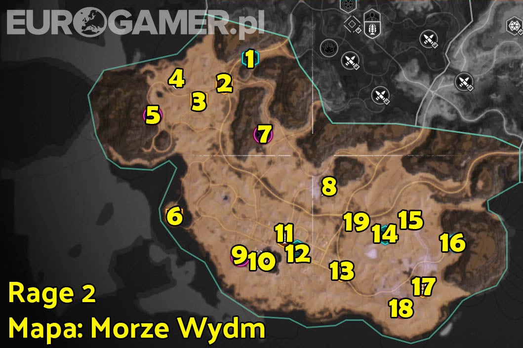 Rage 2 - Mapa: Morze Wydm (blokady, kryjówki, gniazda miażdżycieli ...
